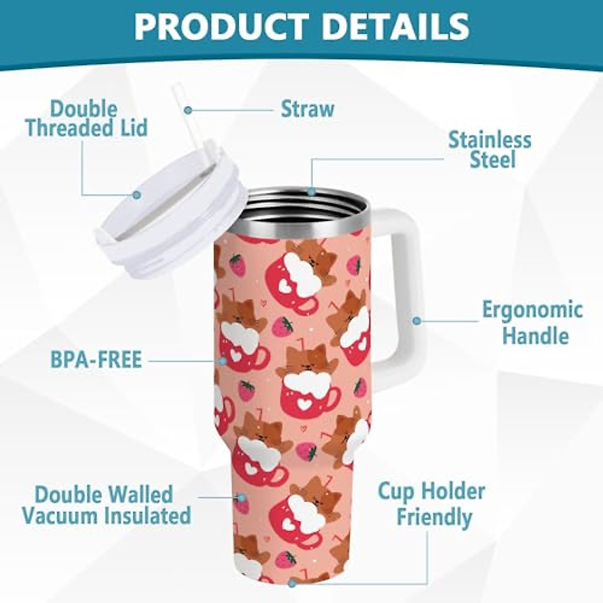 ARGTILDN 40 oz Tumbler Cup Cats Strawberry Insulated Travel Mug with Handle and Straw Lid Stainless Steel Vacuum Coffee Cup Tea Beverage Container Water Bottles for Car Sports office