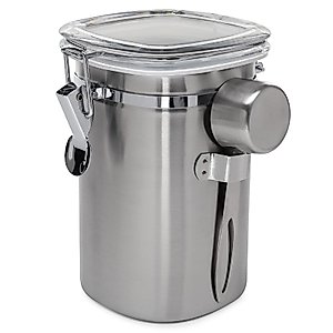 ChefWave Durable Stainless Steel Coffee Canister with Measuring Spoon, Convenient Spoon Holder and Secure Locking Mechanism - Keeps coffee fresh for longer