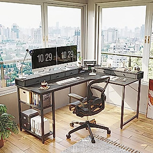 Treesland Large Desk, 24" Deep, Computer Desk with Monitor Stands, 67" L x 47" W Home Office Desks, Desk with Storage Shelves and 5 Drawers, Black