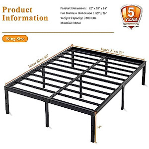 HISKIWUU King Size Bed Frame Heavy Duty 3500lbs 14 Inches,Platform Bed Frame King Easy to Assemble Anti-Slip Noise Free,Metal Bed Frame King No Box Spring Needed,Under Bed Storage,Black