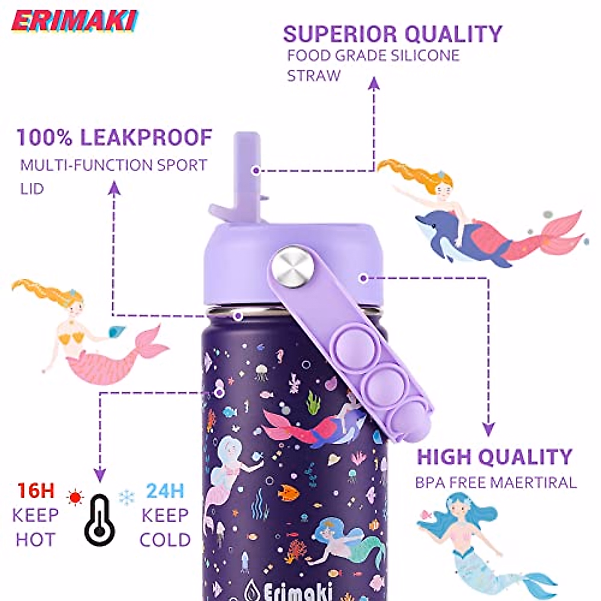 Erimaki 14 Oz Kids Mermaid Purple Water Bottle With Straw Lid And Fidget Handle, Double Walled Vacuum Insulated Tumbler, Cute Stainless Steel Metal Bottles Gift For Girl Child Sport School Travel Bulk