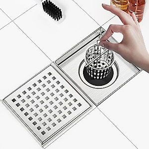 Neodrain 4-Inch Square Shower Drain with Removable Quadrato Pattern Grate, PVC Shower Drain Base and Rubber Gasket for Bathroom Floor Drain, Brushed 304 Stainless Steel, Includes Hair Strainer