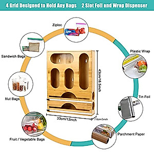 Bamboo Ziplock Bag Organizer, TWSOUL 6-IN-1 Foil and Plastic Wrap Dispenser with Organizer, Wall-mounted Wrap Organizer with Cutter for Storing Gallon, Quart, Snack Bags and Cutting Plastic Wrap, Foil