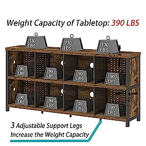 LVB Rustic Horizontal Bookshelf, Industrial Bookcase Cube Storage Organizer, Wide Large Metal Wooden Office Cube Shelf, Farmhouse Low Long Book Shelf for Home Bedroom Living Room, Rustic Brown, 63 in