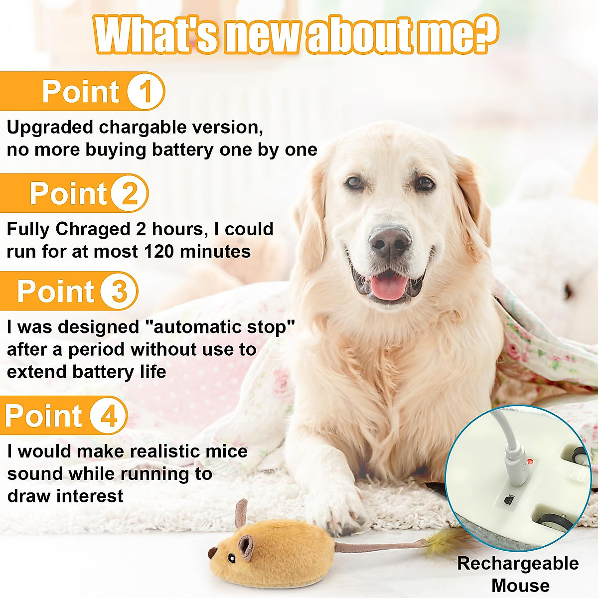 Mity rain Interactive Dog Toys, Fake Mouse Moving Dog Toy with Automatic Sensor, Dog Mouse Toy with Realistic Sound & Extended Tail, Automatic Dog Toy for Cats Dogs Pet, Squeaky Dog Toys Yellow