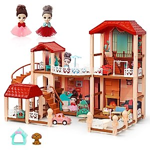 NOVSPER Doll House, Girl Toys Dollhouse with 2 Dolls, Pet Dog, Car,Light, Furnitures and Accessories, DIY Dollhouses Dreamhouse Kit Kids Toys Gift for Age 5 6 7 8+ Year Old(8 Rooms and 2 Balcony)