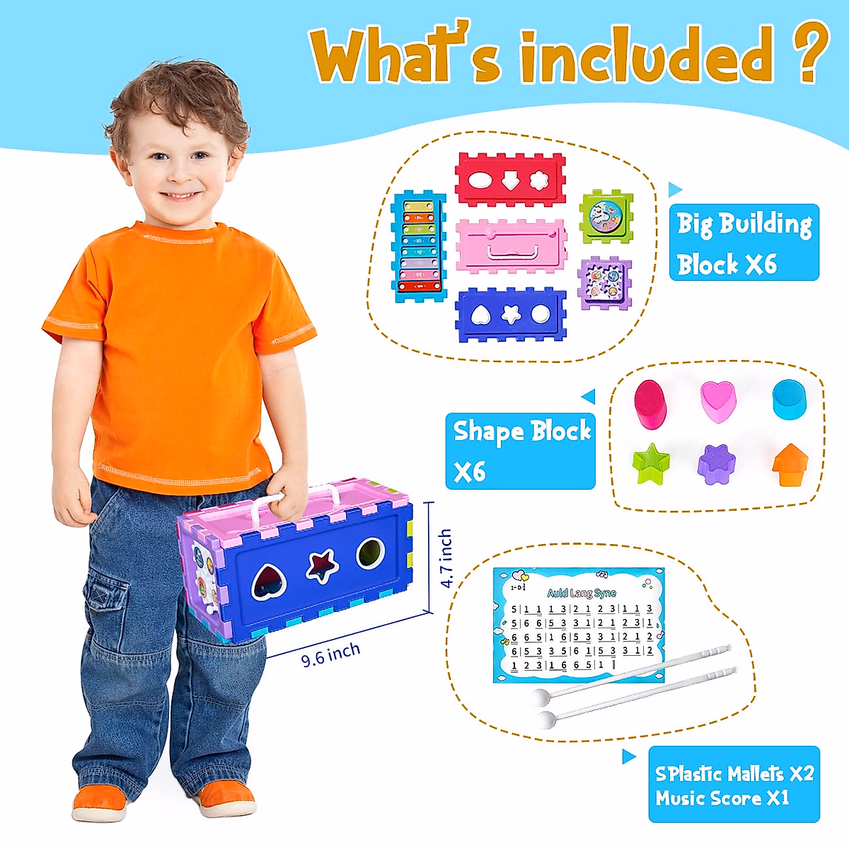 Ouji Toys for 1 2 3 Year Old Boy Gifts,Montessori Baby 6-12-18 Months Shape Sorter,Birthady Gifts Toddler Age 1-2,Learning Toddlers 1-3 Xylophone Stuff, Blue