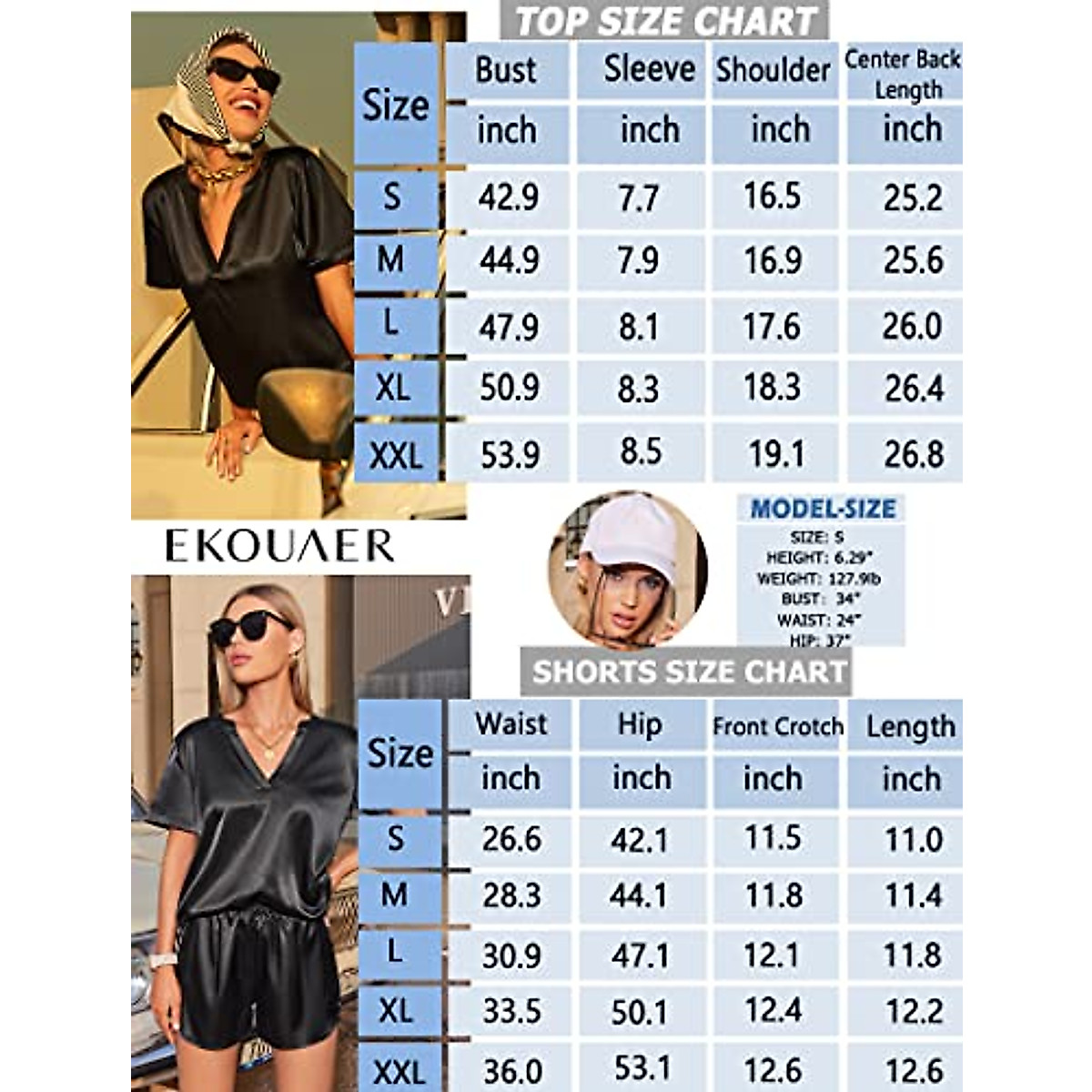 Ekouaer Womens Satin Sleepwear 2 Piece Pajamas Silk Pjs Short Sleeve Top and Loose Shorts Nightwear with drawstring Black