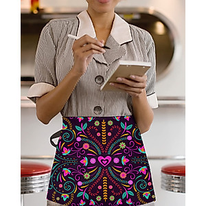 Flowers Mexico Waitress Waiter Server Apron with Pockets,Geometric Abstract Floral Colored Waist Half Waterproof Cooking Kitchen BBQ Grill Chef Apron for Women,Men,Kids,Dad,Mom,Grandma,Boys,Girls
