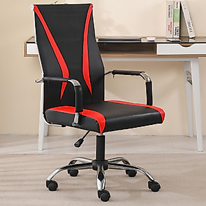Black and Red Office Desk Chair with Wheels Arm, Leather Ergonomics Desk Chairs Computer Home Office Sturdy Chair