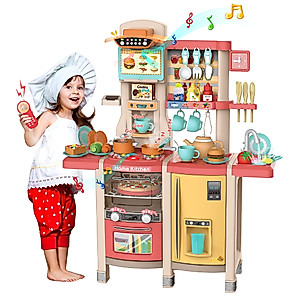 Kids Play Kitchen,Kitchen Playset with 65pcs Kitchen Toys for Toddlers,Play House Accessories with Spray Stove, Simulated Steam, Sink, Oven,Dishwasher, Real Sounds and Light for Girls and Boys