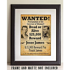 Jesse James Wanted Art Print- 11x14 Unframed Print - Makes a Great Man Cave Decor and Gift Under $15 for Westerns Fans