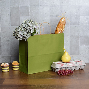 Green Gift Bags – 16x6x12 Inch 50 Pack Large Olive Green Kraft Shopping Bags with Handles, Euro Tote Retail Bags for Small Business & Boutique, Holiday Gifts, Wedding Guests, Birthday Parties, Bulk