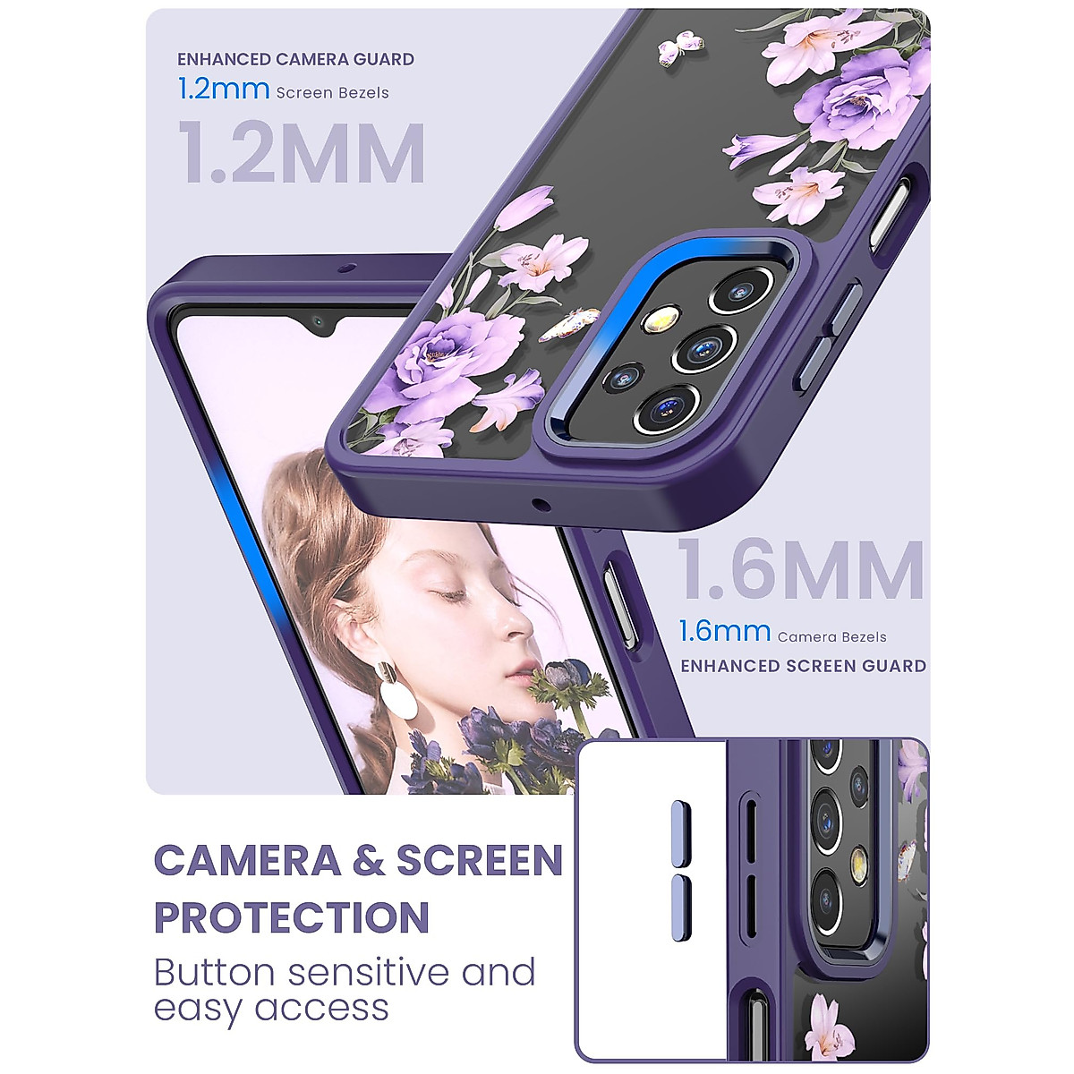 Dretal for Samsung A23 4G/ 5G Case, Galaxy A23 Case Tempered Glass Screen Protector,Military Grade Drop Tested Hard Back & Soft Edge Slim Flower Women Girls Phone Protective Cover(Deep Purple)