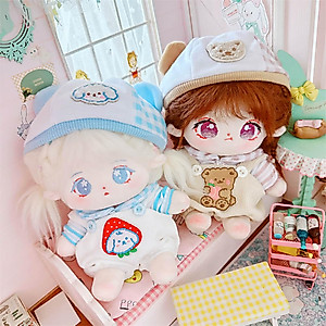 niannyyhouse 20cm Plush Doll Clothes Hat T-Shirt Overalls Milk Cover Set 8in Soft Stuffed Plush Toy Dress Up Accessories (Blue)