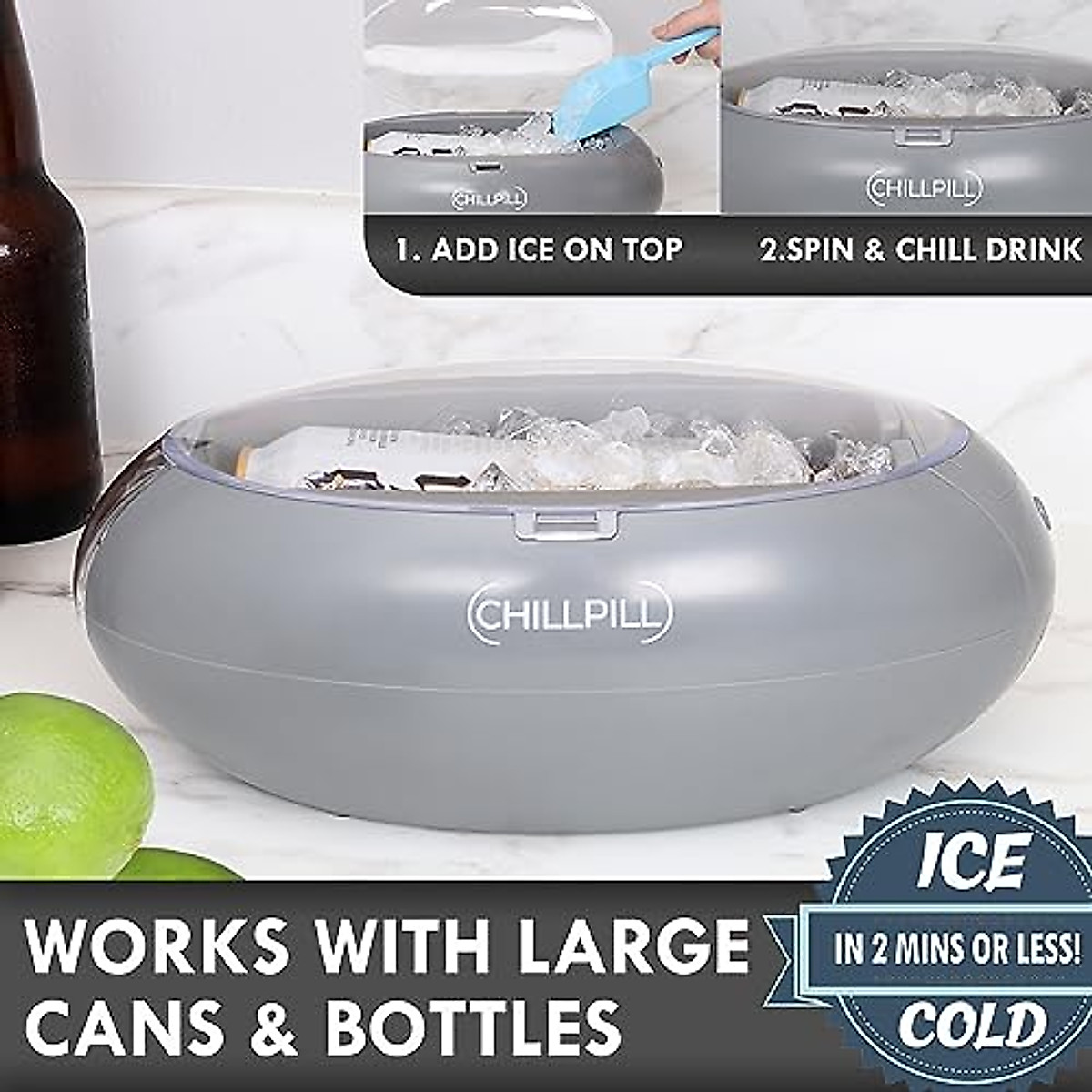 CHILLPILL Instant Beverage Chiller - Universal Can and Bottle Mini Cooler For Drinks - Rapid Chiller for Beer and Soda Lovers - Portable Can Chiller - Personal Small Cooler Accessories