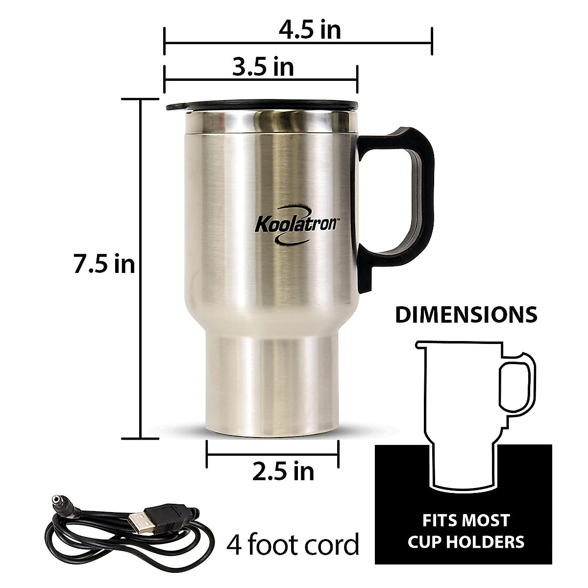 Koolatron 12V USB Insulated Travel Mug with Heater, 500 mL (17 oz), Silver and Black Stainless Steel for Car, SUV, Truck, Office, Home, Dorm