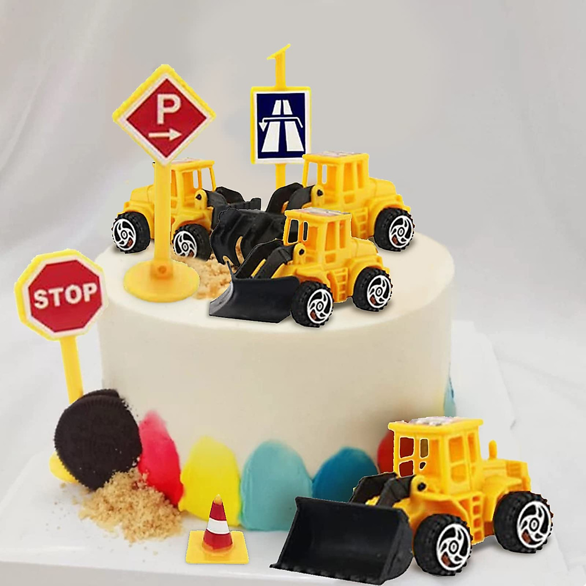 Newmemo 16pcs Construction Cake Topper Vehicles Cake Decoration Set Truck Excavator Tower Crane Cupcake Topper Traffic and Road Sign Decor Happy Birthday Party Supplies Favors for Kids Boys