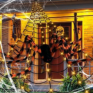 Kefron Hallow Decorations 150LED Light Up 23Ft Triangular Spider Web with 60'' Black Orange Giant Spider for Outdoor Home Yard Halloween Party Deco, Included 20 Mini Spiders 40g Stretchable Spiderweb