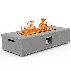 Essential Lounger 56 Inch Firepit Table for Outside, 50,000 BTU Rectangular Concrete Outdoor Firepit Tables, Large Propane Gas Fire Table with Waterproof Cover, Rocks, Side Handles - Grey