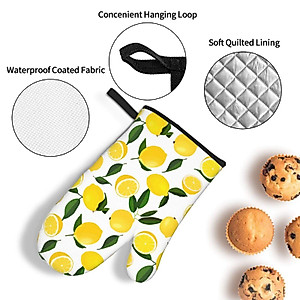 Lemon Oven Mitts and Pot Holders Sets of 3,Resistant Hot Pads with Polyester Non-Slip BBQ Gloves for Kitchen,Cooking,Baking,Grilling