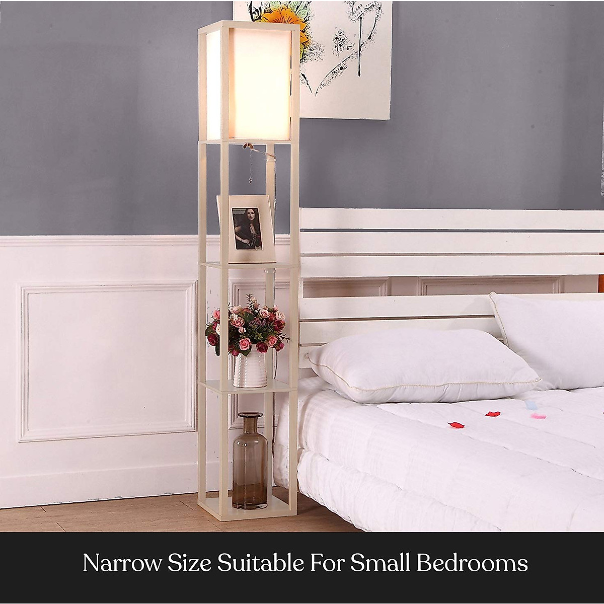 Brightech Maxwell - Modern Shelf Floor Lamp with Lamp Shade and LED Bulb - Coner Display Floor Lamps with Shelves for Living Room, Bedroom and Office - Rustic Wood