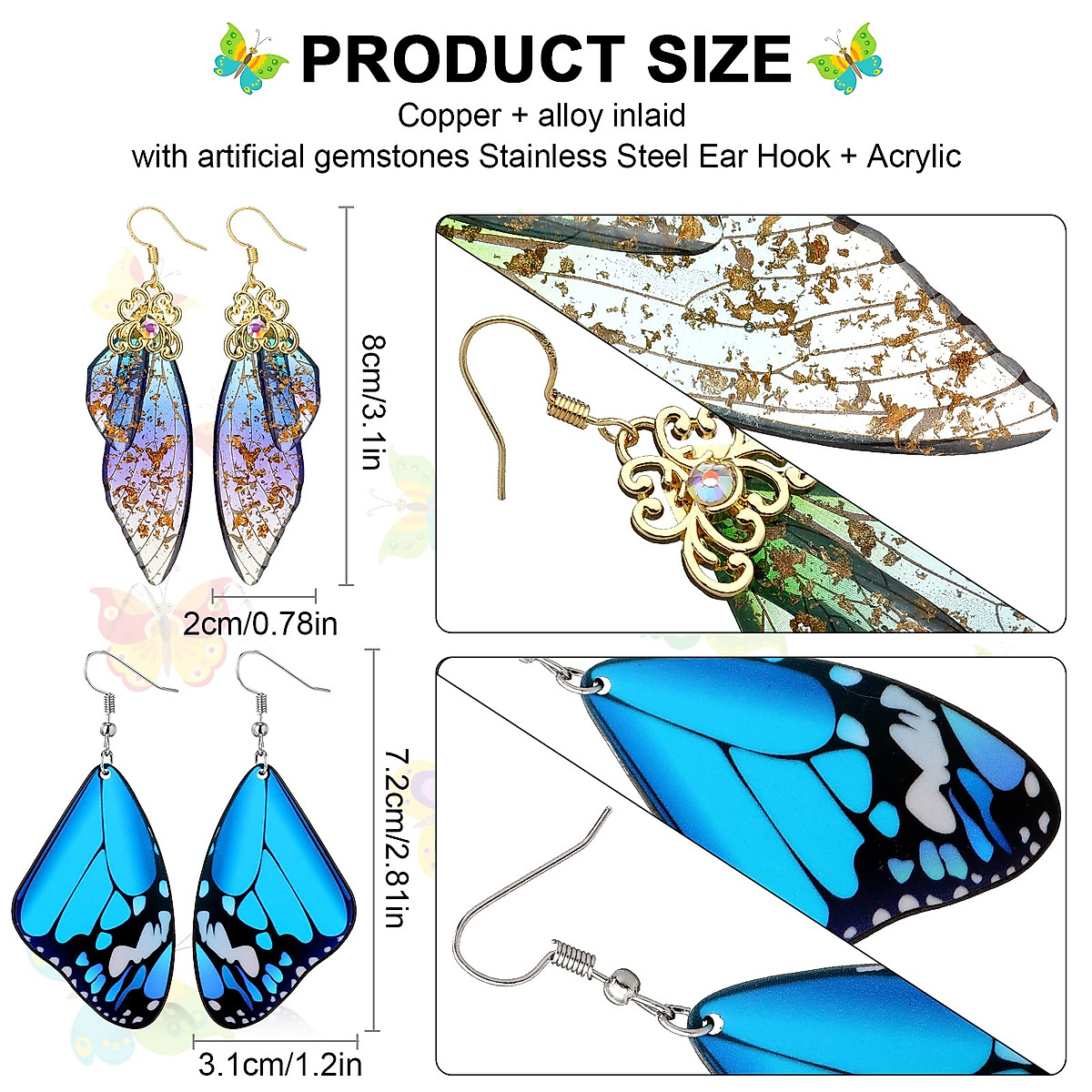 Sureio 8 Pairs Butterfly Wing Earrings Fairy Earrings for Women Butterfly Wing Earrings Butterfly Wing Drop Dangle Earrings Wedding Jewelry