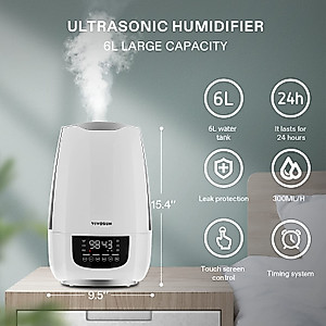 VIVOSUN Cool Mist Humidifier, 6L Quiet Ultrasonic Humidifier for Bedroom (Customized Humidity, Remote Control, Sleep Mode & Auto Shut Off, 360° Nozzle) White