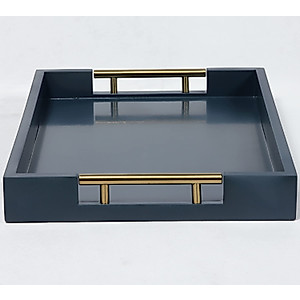 Serving Tray with Polished Metal Handles, 16.5''x12'' Rectangle Coffee Table Tray, Modern Decorative Tray, Large Ottoman Tray, Perfect for Storage and Display (Blue)