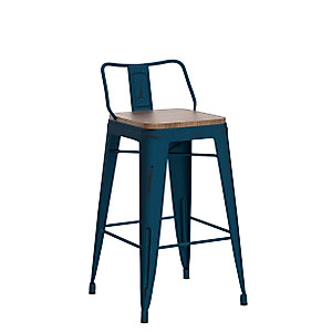 Andeworld Bar Stools Set of 4 Counter Height Stools Industrial Metal Barstools with Wooden Seats(24 Inch, Distressed Navy)