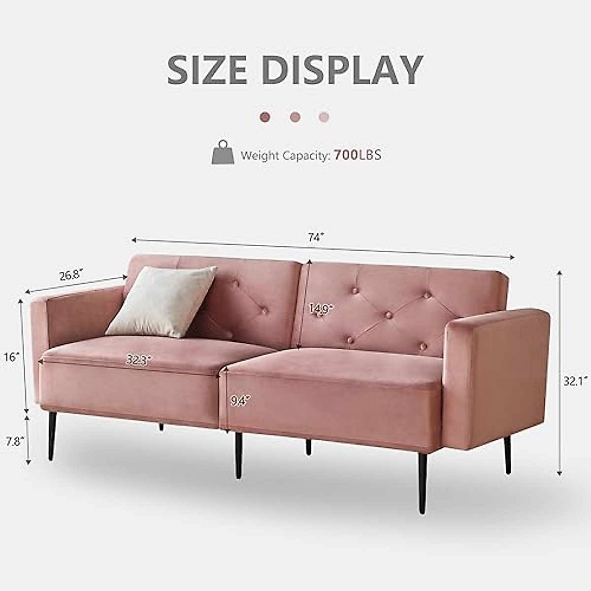 Cpintltr 74" Loveseat Sofa Velvet Couch Convertible Sleeper Futon Sofa Bed with Tapered Metal Legs Upholstered Fouches Seats Furniture for Living Room Apartment Lounge