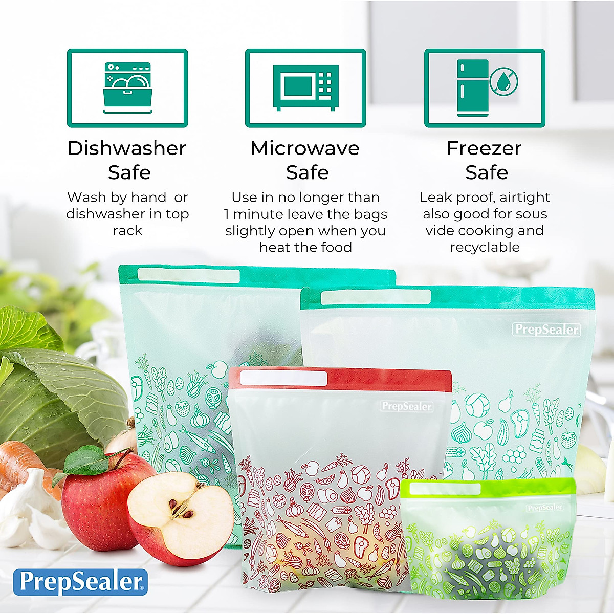 PrepSealer Keep Food Fresh Longer Food Saving Reusable Bag (10 Pieces Variety (3 S, 3 M, 4 L))