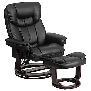 Flash Furniture Allie LeatherSoft Upholstered Recliner with Footrest, Arms, and Headrest, Padded Swivel Recliner Chair and Ottoman Set, Black