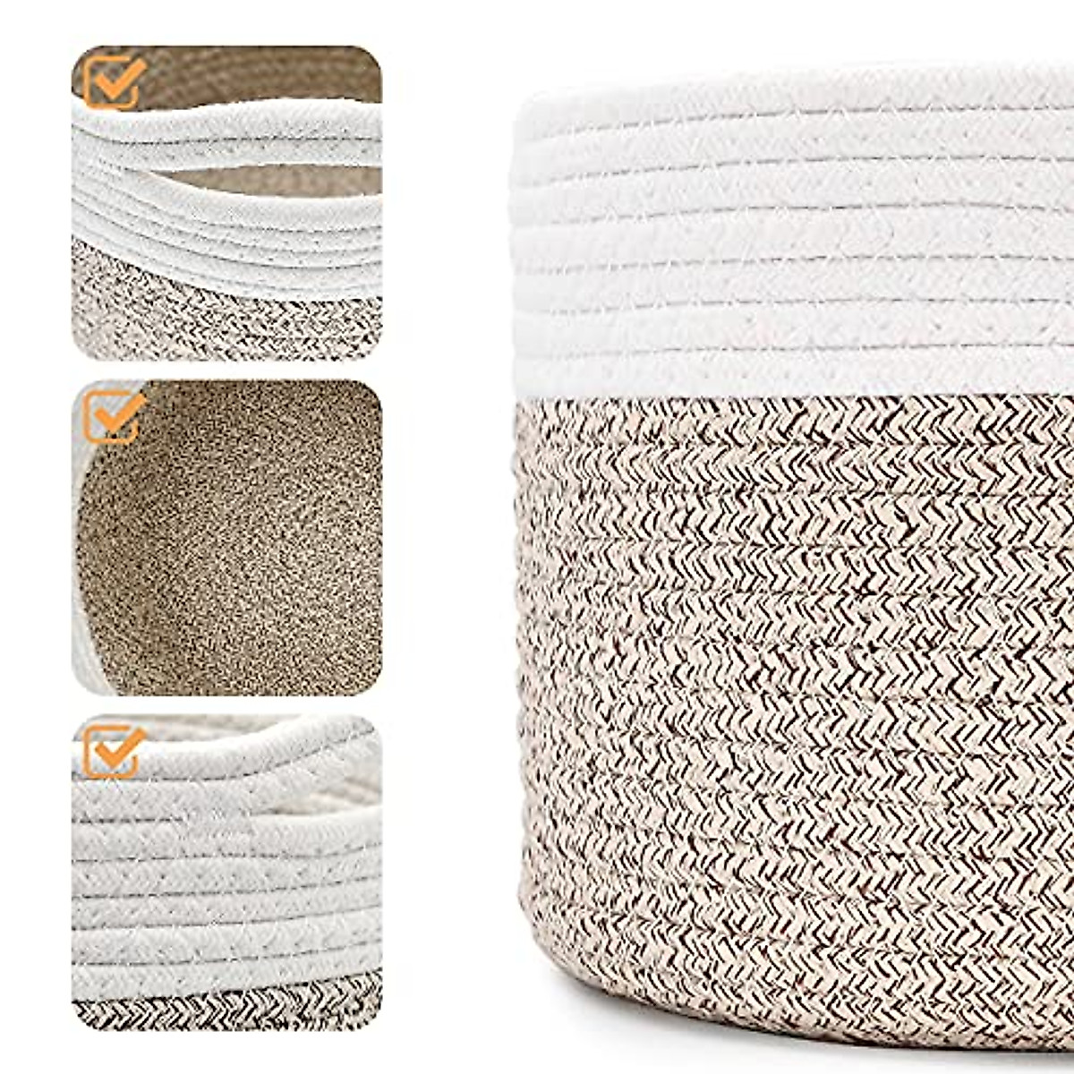 Small Rope Basket small Round Woven Basket With Handle 9.5x9.5x7.1 in Cute Cotton Basket Nursery Shelf Small Storage Basket Stitching Brown Beige Mixed Design Style 8.2L