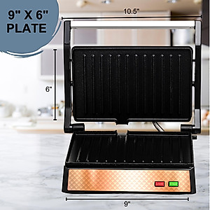 Ovente Electric Indoor Panini Press Grill with Non-Stick Cooking Plate, 1000W Thermostat Control and Removable Drip Tray for Easy Clean, Ideal 2-Slice Sandwich Maker for Breakfast, Copper GP0620CO