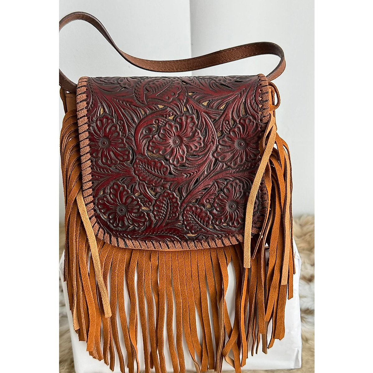 womens cross body bag western cowgirl floral tooled shopper purse brown