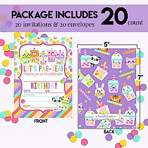Amanda Creation Let's Par-tea Cute Animal Bubble Tea Themed Birthday Party Invitations, 20 5x7 Fill-In Cards with Twenty White Envelopes