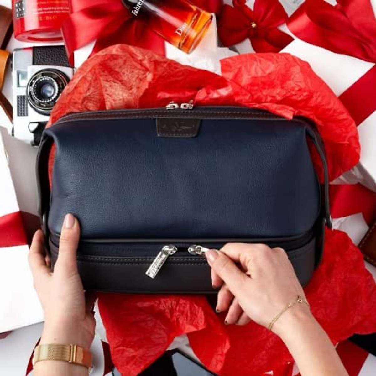 Vetell Leo Large Leather Men's Travel Toiletry and Shaving Case Bag with Upper and Lower Zippered Compartments, 3 Interior Loops and Carrying Handles