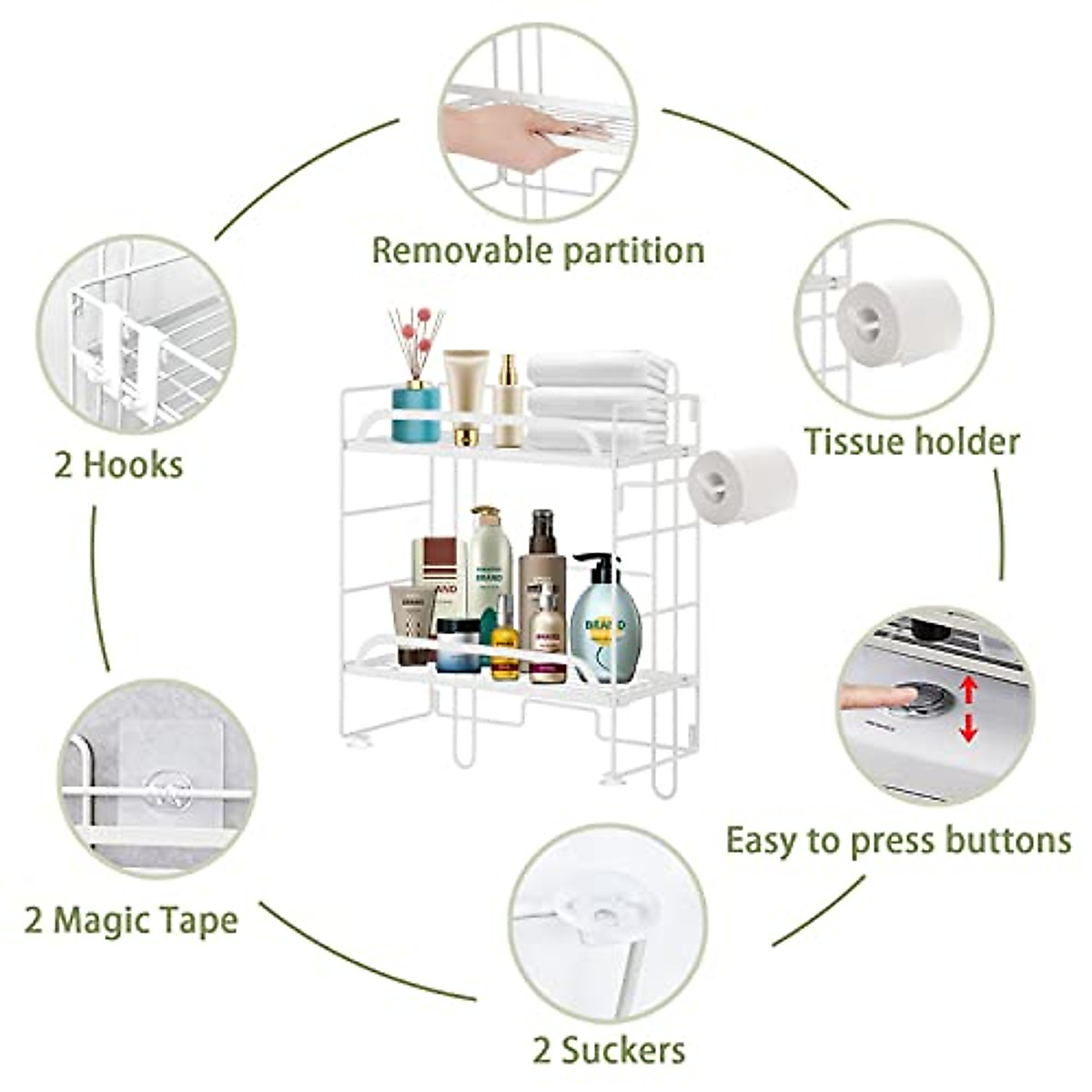 JONZIN Over The Toilet Storage, 2-Tier Large Capacity Bathroom Organizer Shelves, Adjustable Multifunctional Toilet Rack,No Drilling Space Saver with Wall Mounting Design