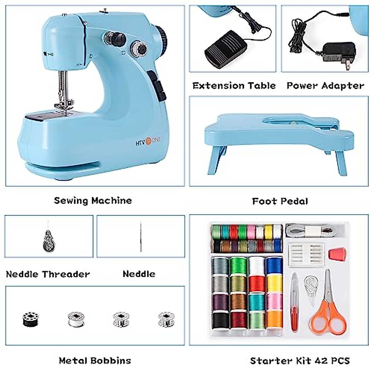 HTVRONT Mini Sewing Machine for Beginners - Portable Sewing Machine with Extension Table, Foot Pedal, Light, 42 Pcs Sewing Set, etc. Dual Speed Small Sewing Machine for Beginners and Kids