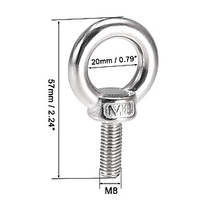 uxcell Lifting Eye Bolt M8 x 20mm Male Thread 304 Stainless Steel for Hanging, Pack of 2