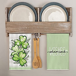 Artoid Mode Buffalo Plaid Eucalyptus Leaves Clover Shamrock Wishes St. Patrick's Day Kitchen Towels Dish Towels, 18x26 Inch Seasonal Decoration Hand Towels Set of 2