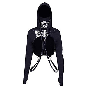 Women Gothic Skeleton Print Hoodies Mask Bandage Crop Top Lace Up Pullover Sweatshirt for Rave Festivals Streetwear