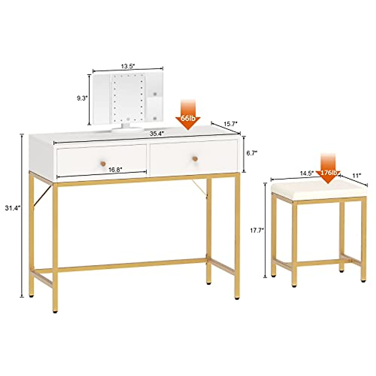 SUPERJARE Vanity Desk, Makeup Vanity with Stool & Tri-fold Lighted Mirror, Vanity Table Set with 2 Large Drawers - White and Gold