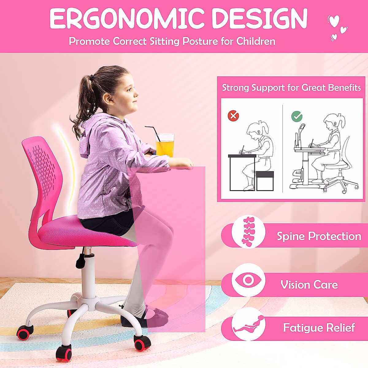 HONEY JOY Kids Desk Chair, Children Study Chair w/Adjustable Height, Low Back, Swivel Rolling Mesh Task Student Chair, Kids Computer Chair for Teens Girls Boys Home/School/Office (Rose)