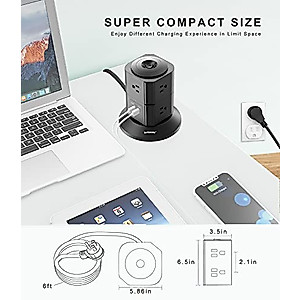 4 Side Power Strip Tower SAFEMORE with 7 Widely Outlets / 2 USB Ports, Flat Plug 6ft Charging Station for Home & Office (Black)