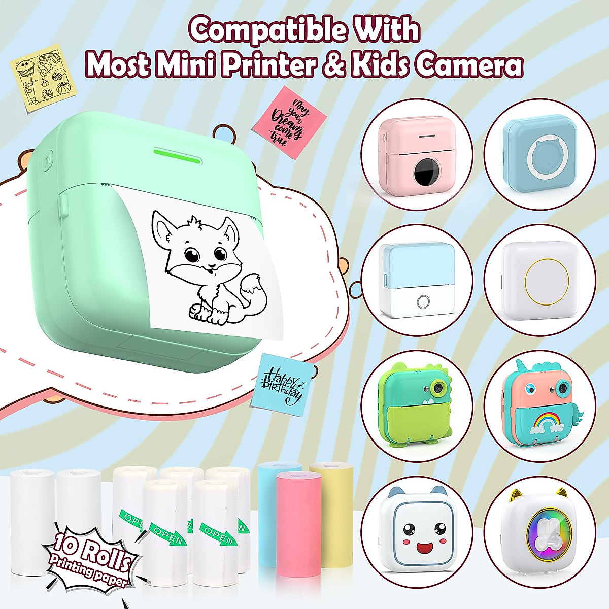 HUIJUTCHEN 10 Rolls Thermal Mini Printer Paper for Inkless Mini Printer, 5 Rolls Thermal Sticky Paper & 5 Rolls Thermal Plain Paper, 57X25mm, for Notes Journal Memo Photo Study