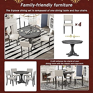 Goozio 5-Piece Retro Round Dining Table Set with Curved Trestle Style Legs and 4 Upholstered Chairs for Kitchen Room,Dark Gray
