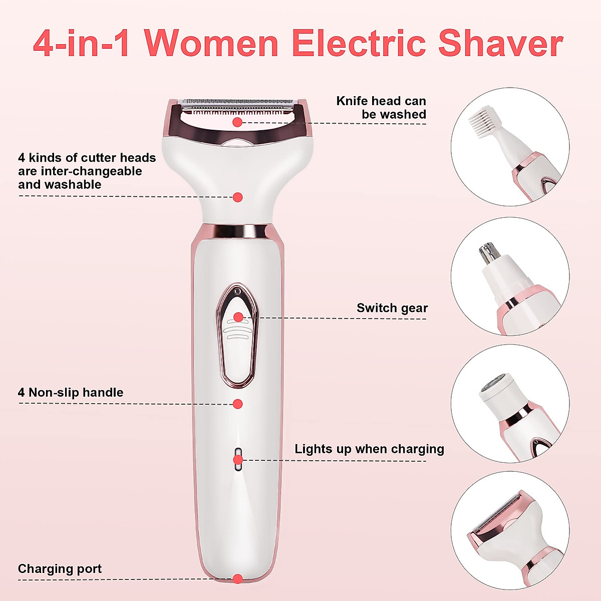 4 in 1 Electric Razor for Women, RAIALL Lady Electric Shaver Hair Remover for Face Legs Nose Underarm, Portable Bikini Trimmer Wet & Dry Cordless Hair Removal with 4 Floating Head - USB Recharge