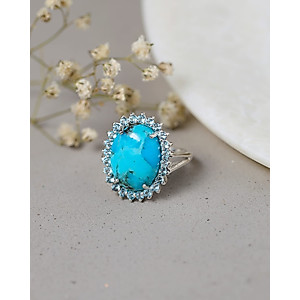 YoTreasure Turquoise Swiss Blue Topaz 925 Sterling Silver Oval Shaped Cluster Ring Jewelry